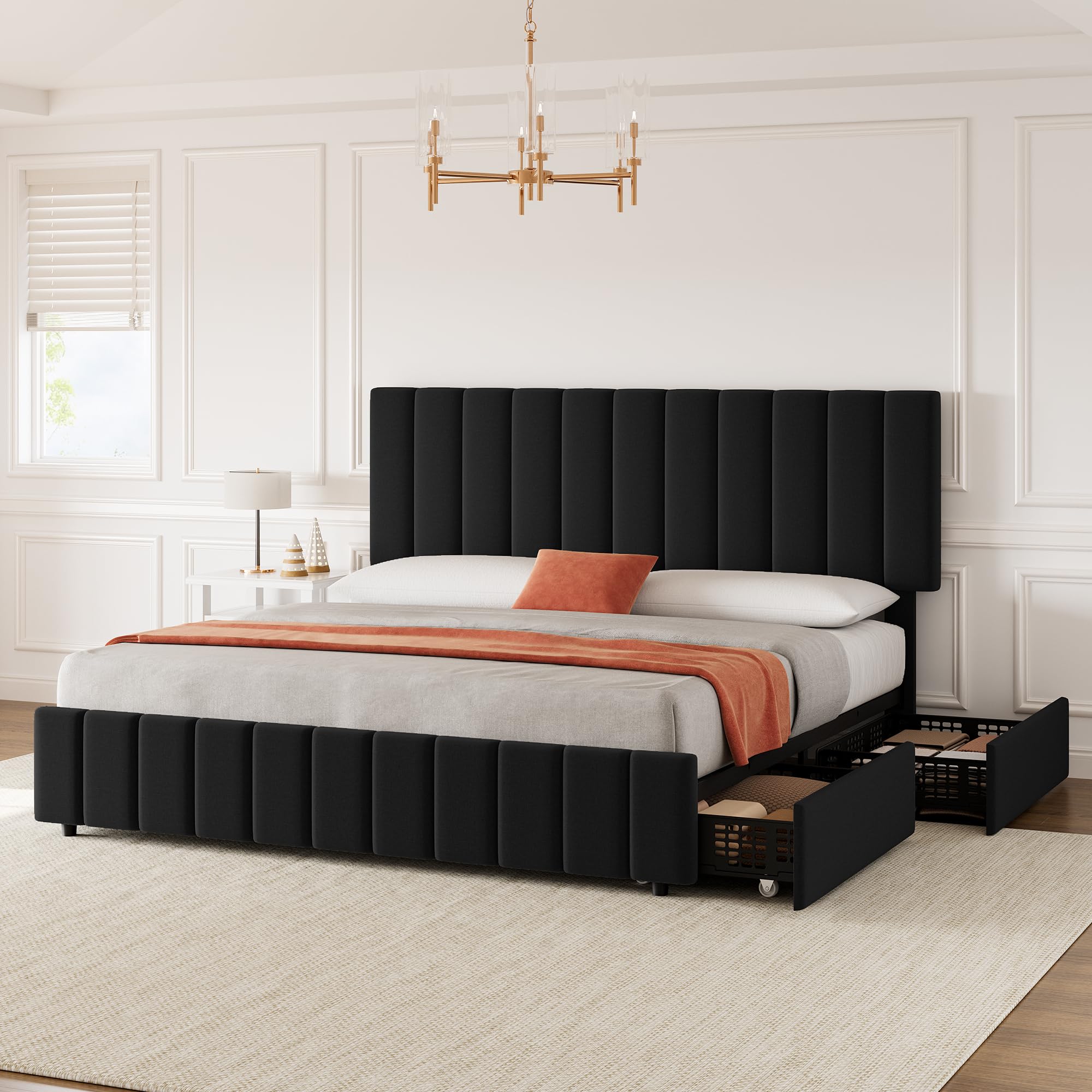 IDEALHOUSE Queen Size Bed Frame with 4 Storage Drawers and Adjustable Headboard, PU Leather Upholstered Platform Bed Frame with Wooden Slats Support, No Box Spring Needed, White