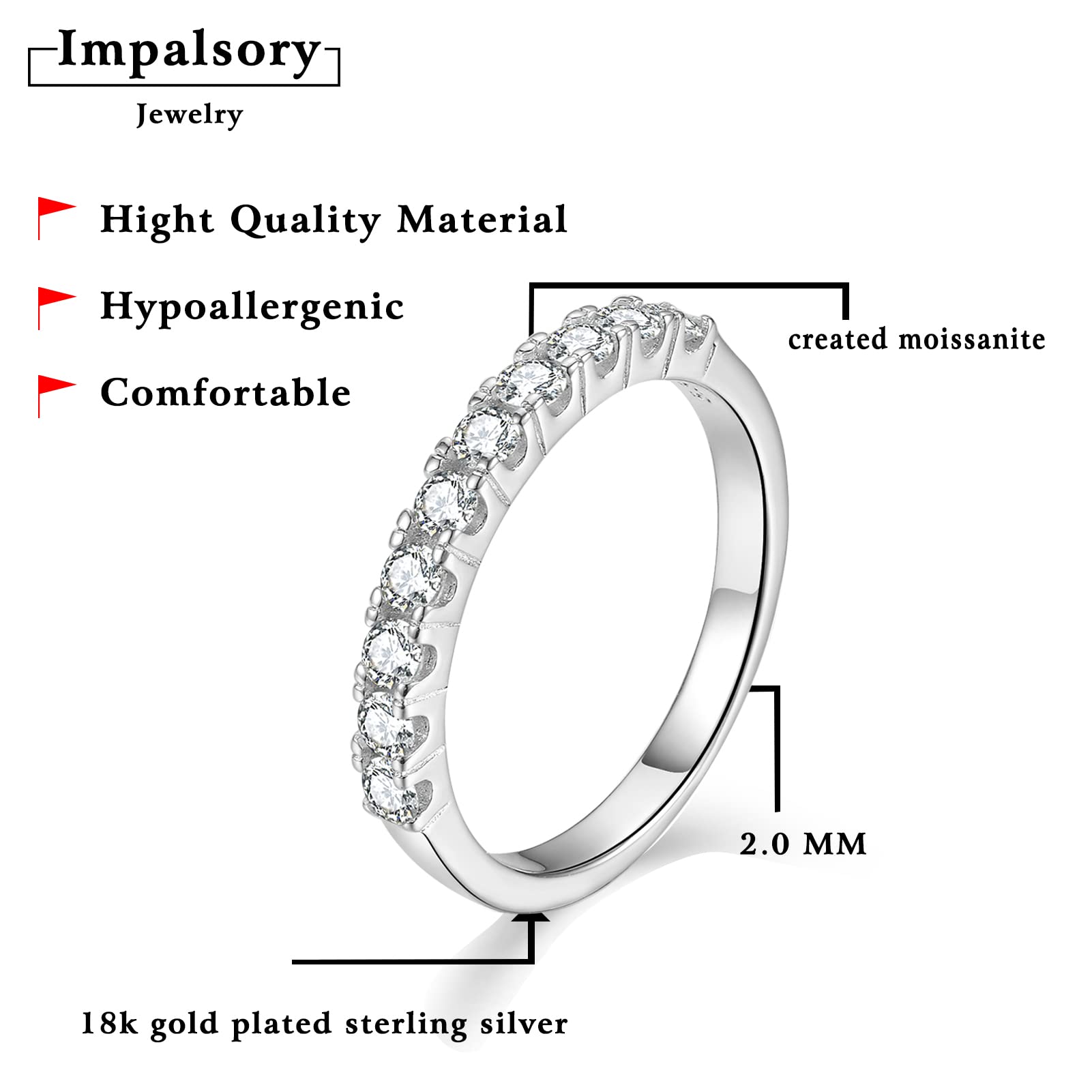 Impalsory Moissanite Eternity Ring, Wedding Band for Women 0.4ct Moissanite Lab Created Diamond Half Eternity Wedding Band 18K White Gold Plated Sterling Silver Stackable Ring Size 10