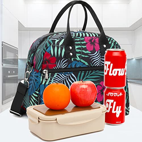 FlowFly Insulated Lunch Bag With Shoulder Strap for Women, Men, and Kids, Large and Reusable, Handle, Freezable Work and School Travel Tote and Meal Prep Organizer,Black#Leaf