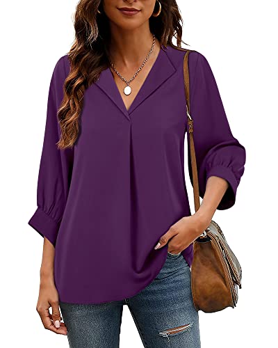 Unixseque 2022 Women's Chiffon Tunic Tops, 3/4 Sleeve V Neck Blouse for Office Work - Violet M