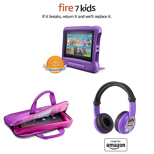 Fire 7 Kids Tablet, 7" Display (16 GB, Purple) + Zipper Sleeve (Purple) + Purple PlayTime Bluetooth Headset