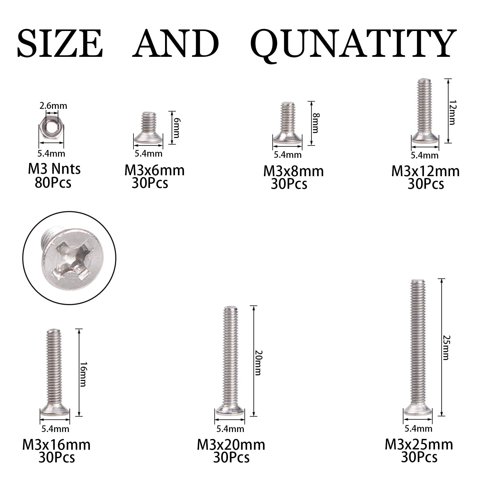 M3 Phillips Flat Head Screws Countersunk Bolts Nuts 304 Stainless Steel Nuts and Bolts Assortment Kit M3 x 6mm/ 8mm/ 12mm/ 16mm/ 20mm/ 25mm Metric Bolt Kit 260Pcs