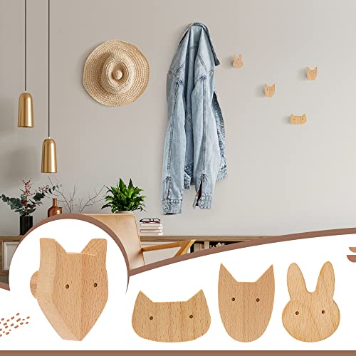 NUANNUAN 4 Pcs Cute Animal Hooks Wood Solid Wall Hanger, Creative Cat/Rabbit/Dog/Fox Shelf Reusable Cartoon Utility Hook for Kids Room Entryway Bedroom Key Coat Towels Hats Jackets Backpack Hanging