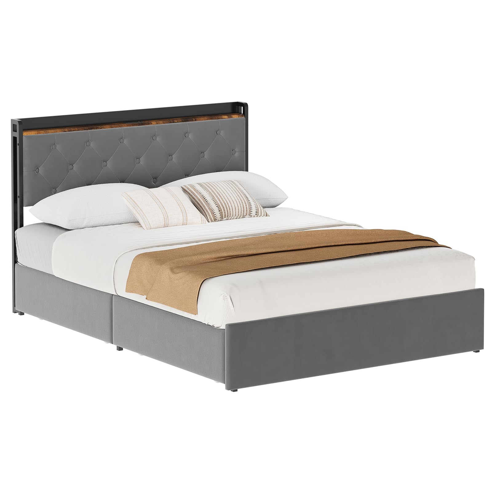 IDEALHOUSE Velvet Upholstered Queen Size Platform Bed Frame with 4 Storage Drawers, Storage Headboard with Charging Station, Mattress Foundation with Wooden Slats Support,No Box Spring Needed, Gray