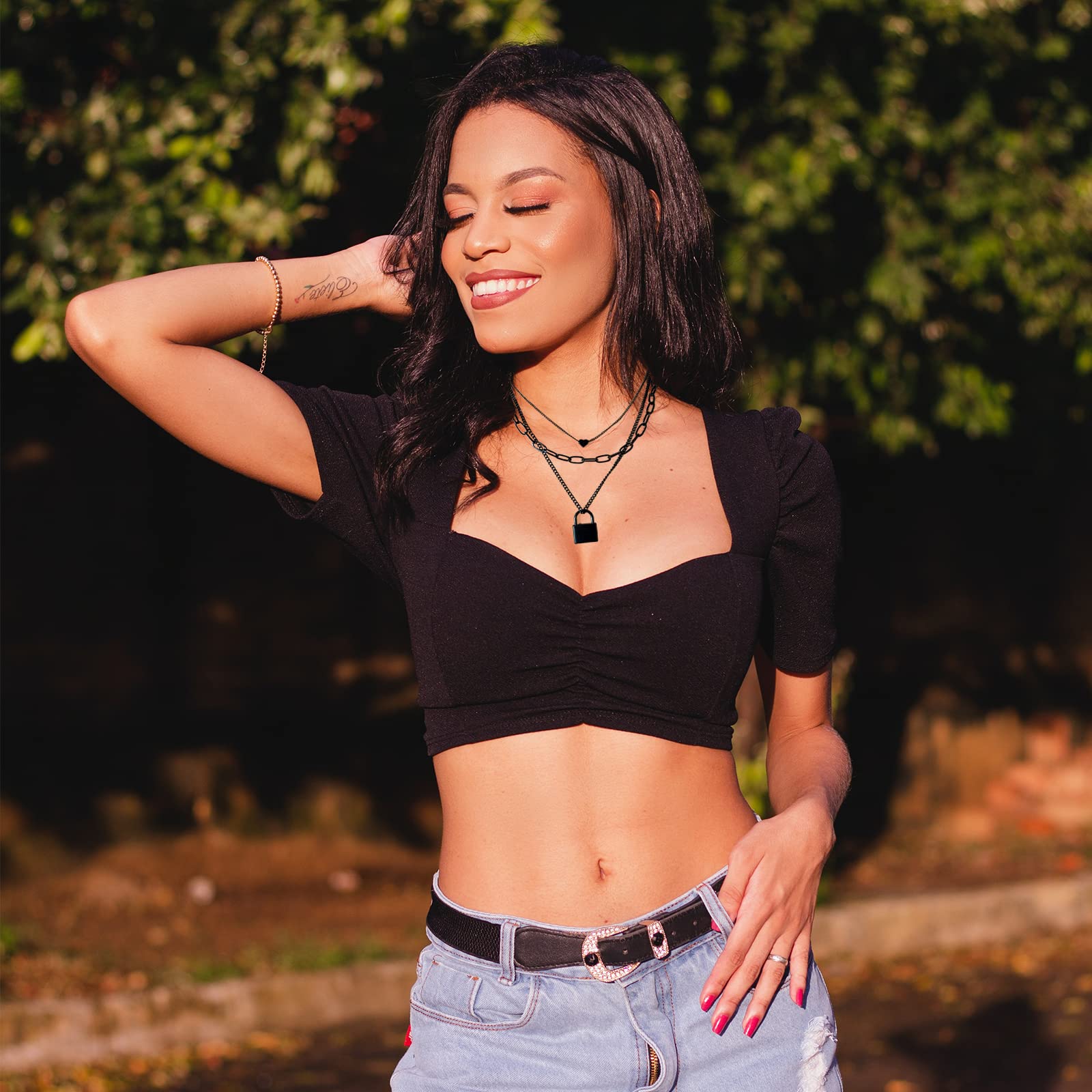 Inactwin Stacked Necklaces for Women Black Lock Chains Heart Grunge Layered Necklace Aesthetic Pendant Multilayer Choker