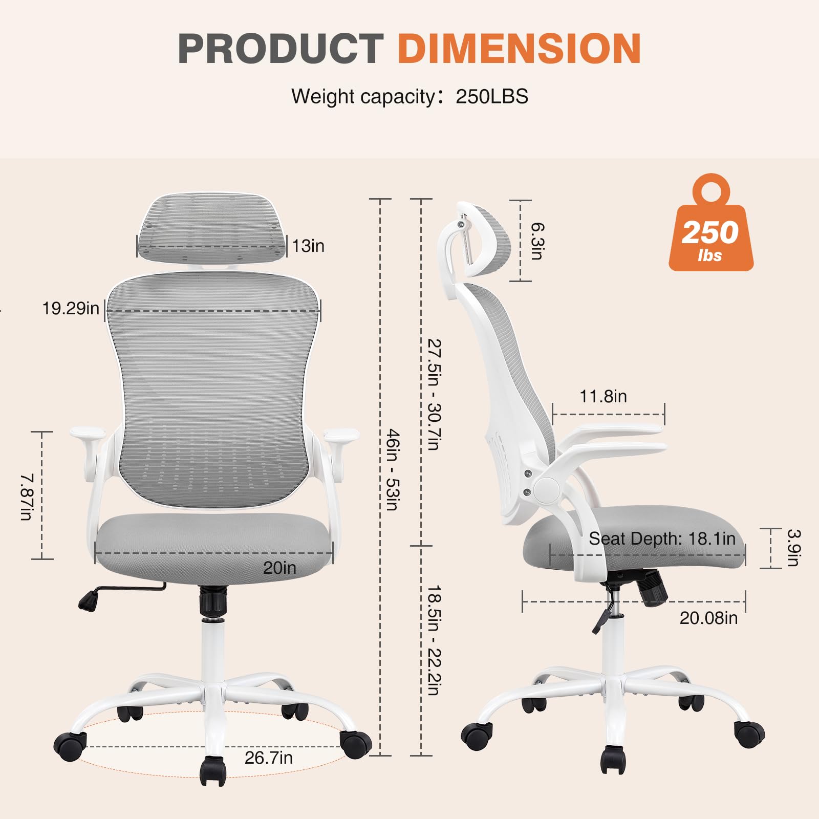 Sweetcrispy Office Computer Desk Chair, Ergonomic High-Back Mesh Rolling Work Chairs with Wheels and Adjustable Headrests, Comfortable Lumbar Support, Comfy Flip-up Arms for Home,Bedroom,Study, Black