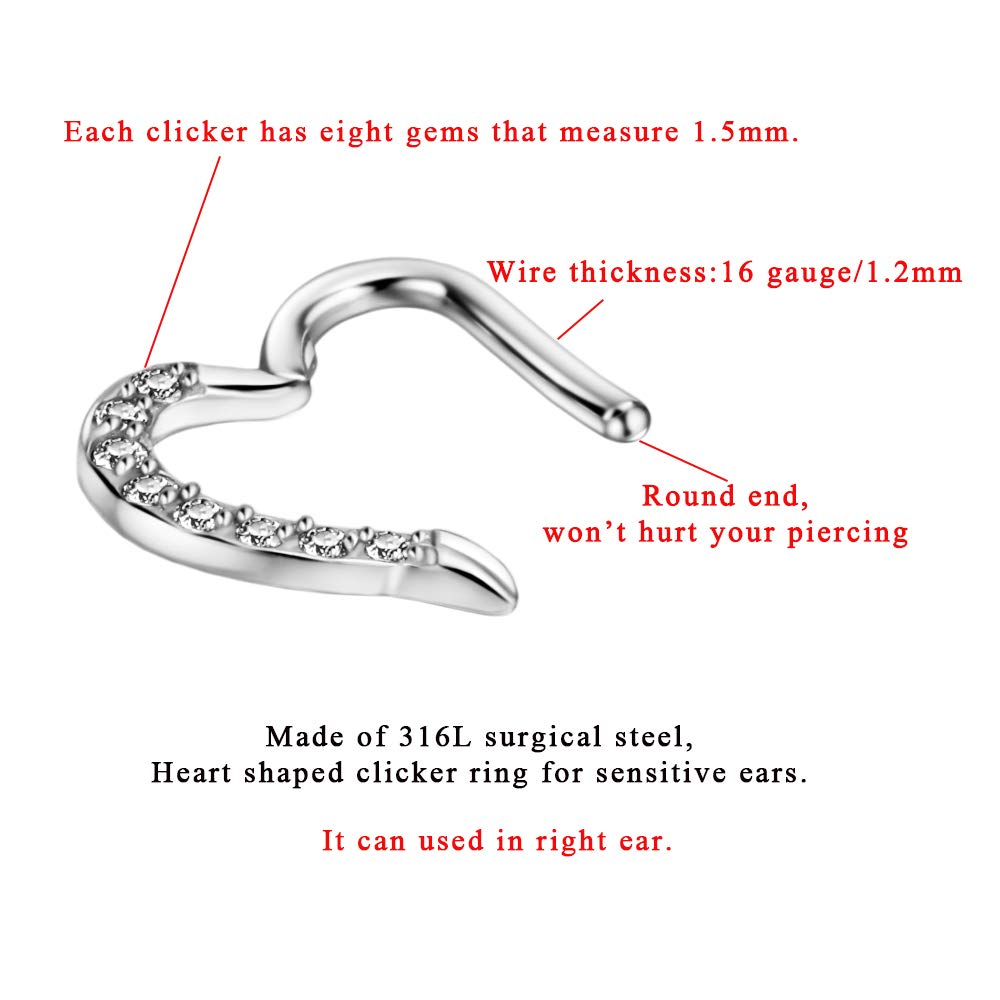 FANSING 16 Gauge Gemmed Daith Earrings Right Ear 8mm Daith Piercing Jewelry Surgical Steel 16g Heart Shaped Hinged Ring Hoop 316L Stainless Steel