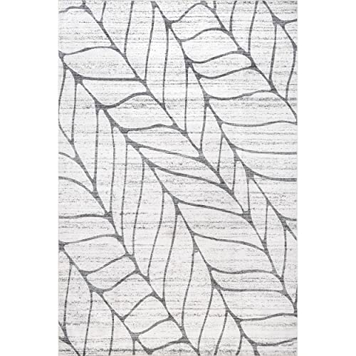 nuLOOM Lanette Abstract Leaves Machine Washable Ultra Thin Area Rug, 4' x 6', Light Grey
