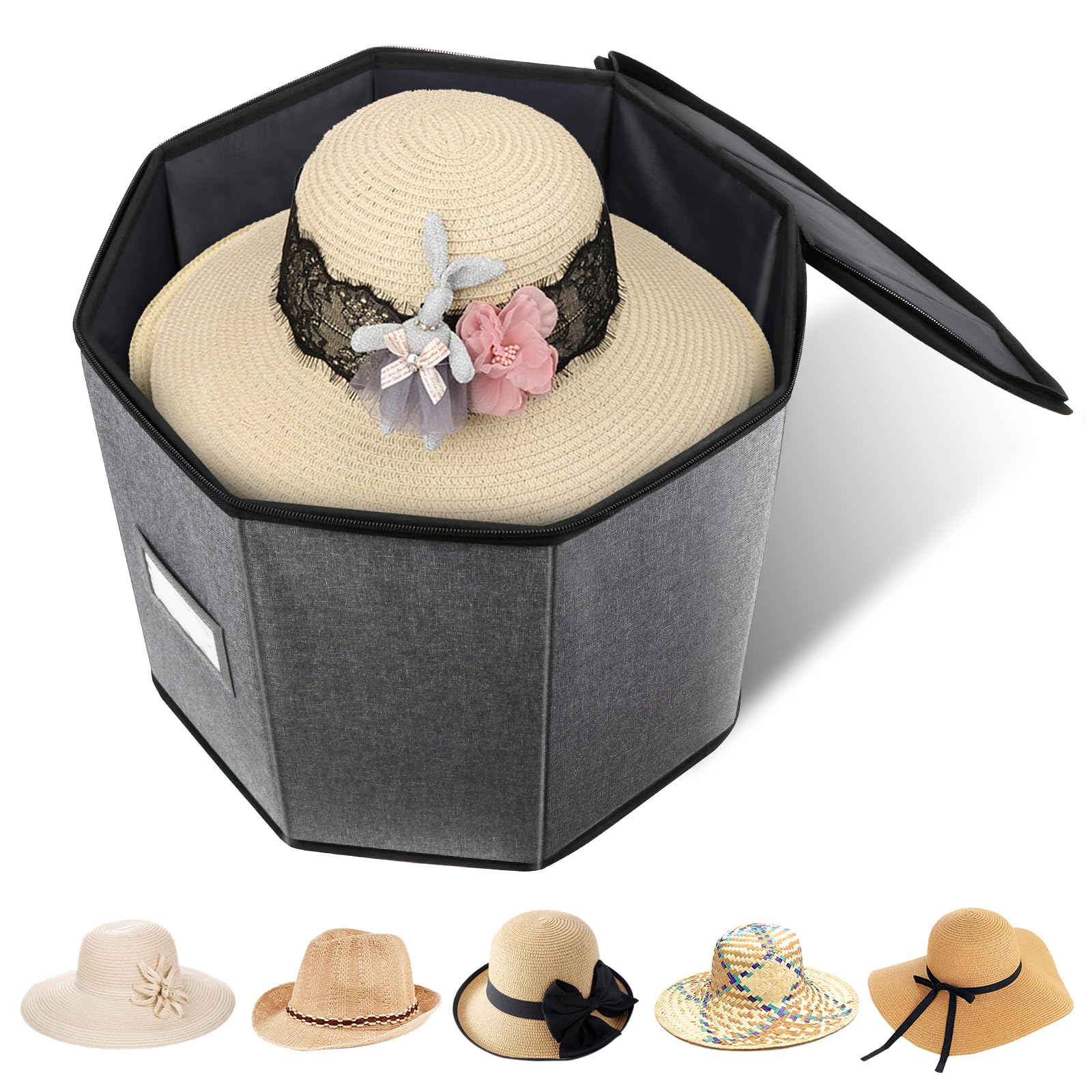 Risapor Hat Storage Box, Hat Boxes for Women/Men Storage,Foldable Travel Hat Box with Lids,Large Hat Boxes,Stuffed Animal Toy Storage,Hat Storage Organizer for Hanging on Suitcase (1)