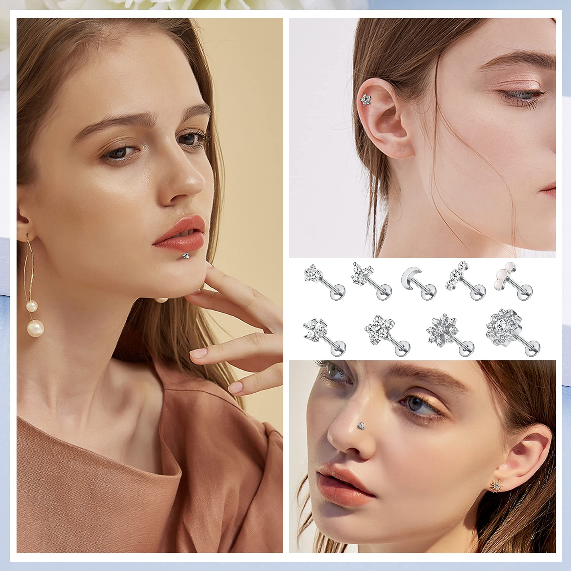 Florideco 9 Pcs 16G Lip Rings Stainless Steel Labret Studs Monroe Lip Ring CZ Opal Nose Studs Internally Threaded Helix Tragus Stud Earring for Women Medusa Piercing Jewelry Rose Gold