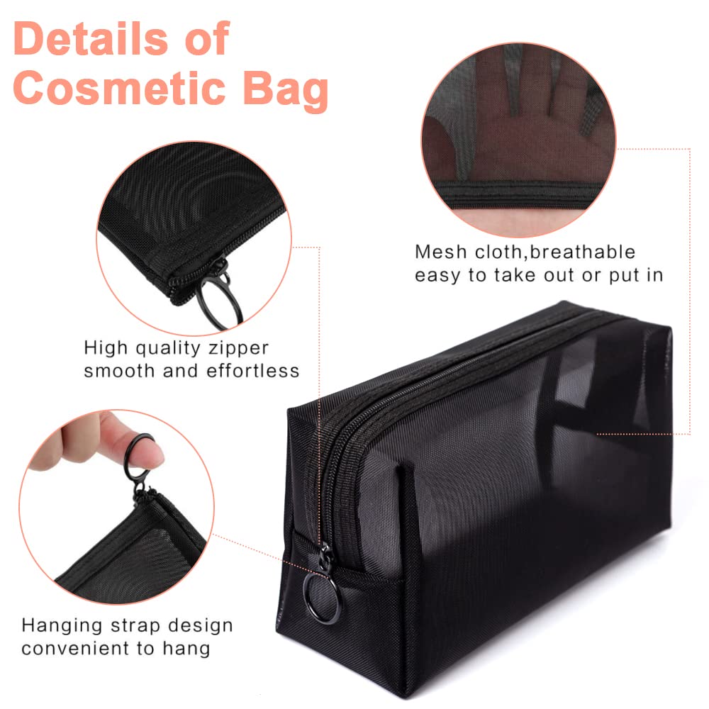 iDeep Mesh Toiletry Bag, 3 Pack Black Nylon Mesh Zipper Pouches Travel Cosmetic Organizer Case for Daily Toiletries Accessories Purse Bag