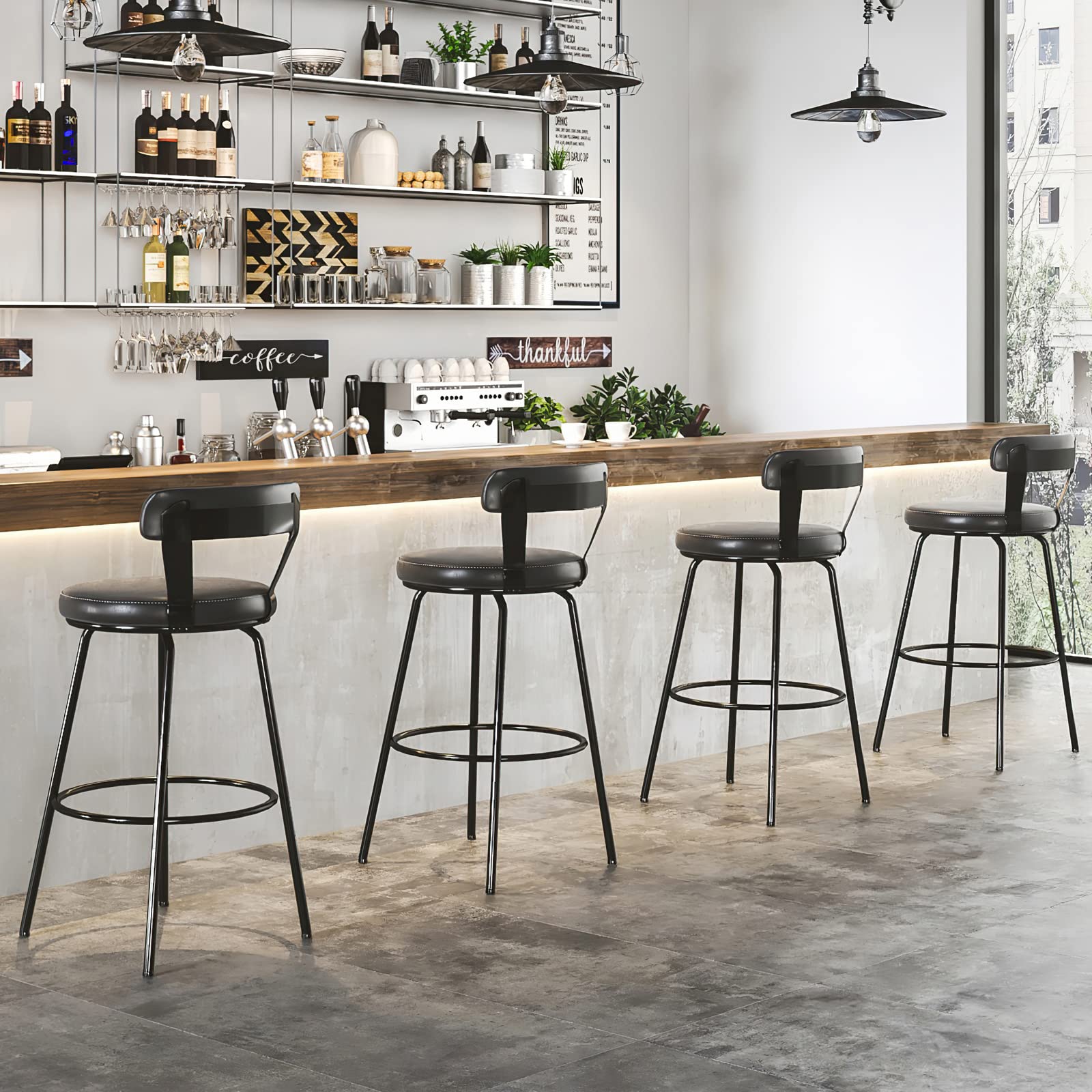 FERFALDER Bar Stools Set of 2-Metal Stools for Kitchen Counter PU Leather Barstools Swivel Bar Chairs for Dining Cafe,Metal Footrest,24” Grey
