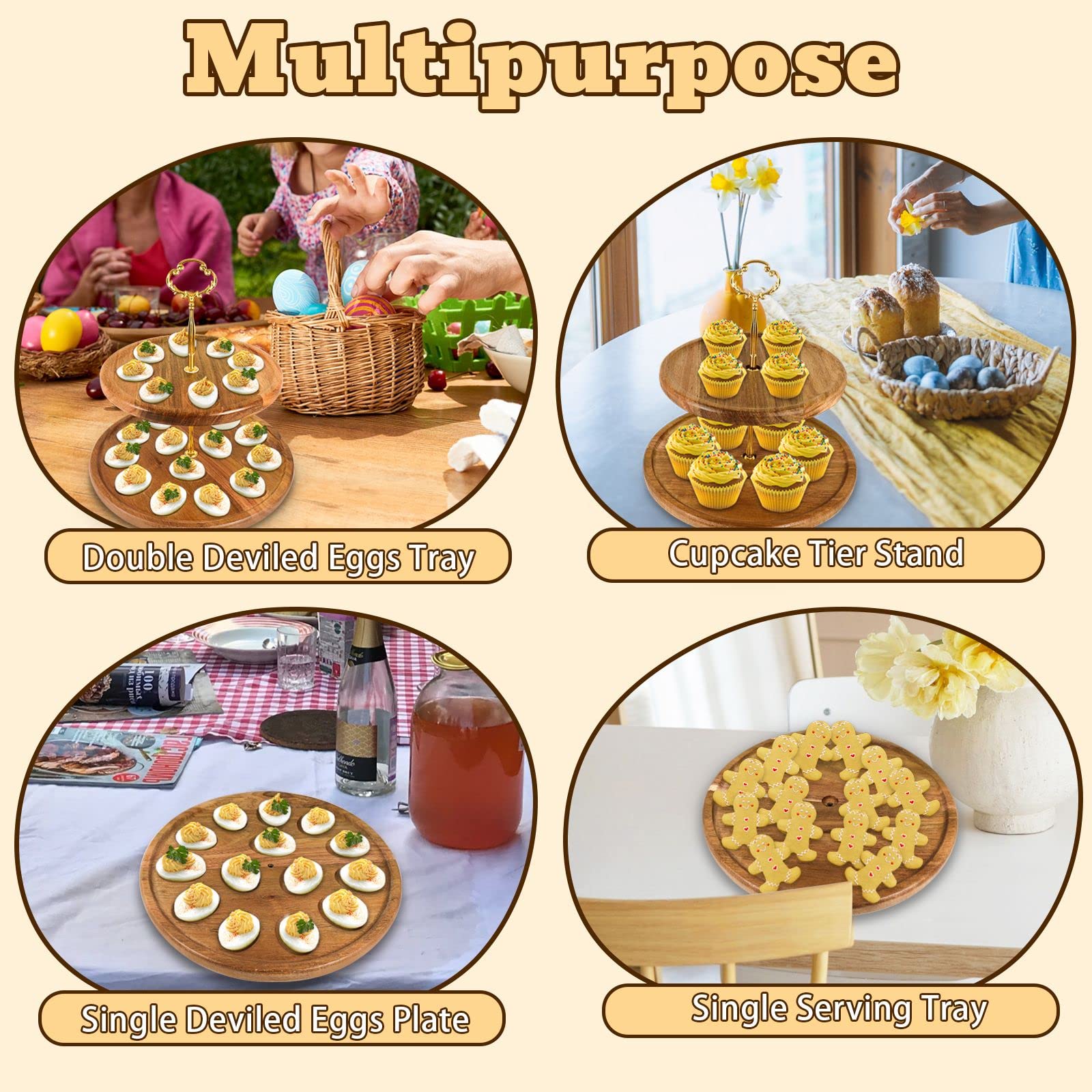 Honitra Double Wooden Deviled Egg Platter, 22 Holes Deviled Egg Plate, Reversible Deviled Egg Tray, Front as Easter & Thanksgiving Deviled Egg Container, Back as Cupcakes Stand & Serving Tray