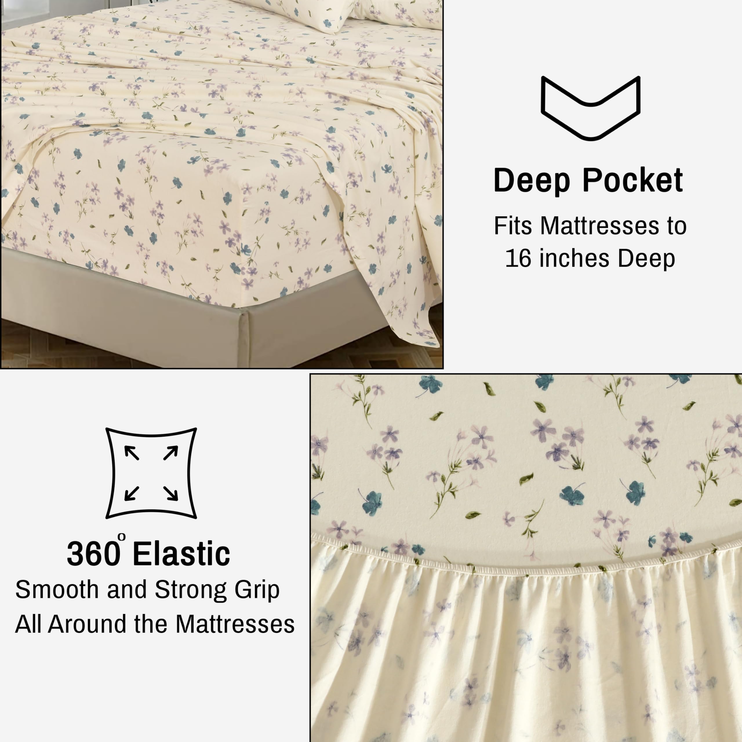 RUVANTI Flannel Sheets Twin Size - 100% Cotton Double Brushed Twin Sheets Set, Deep Pockets 16 Inches, All Seasons Breathable & Extra Soft Bed Sheets, Warm & Cozy, 3 Piece, Jasmine Stamp Cream