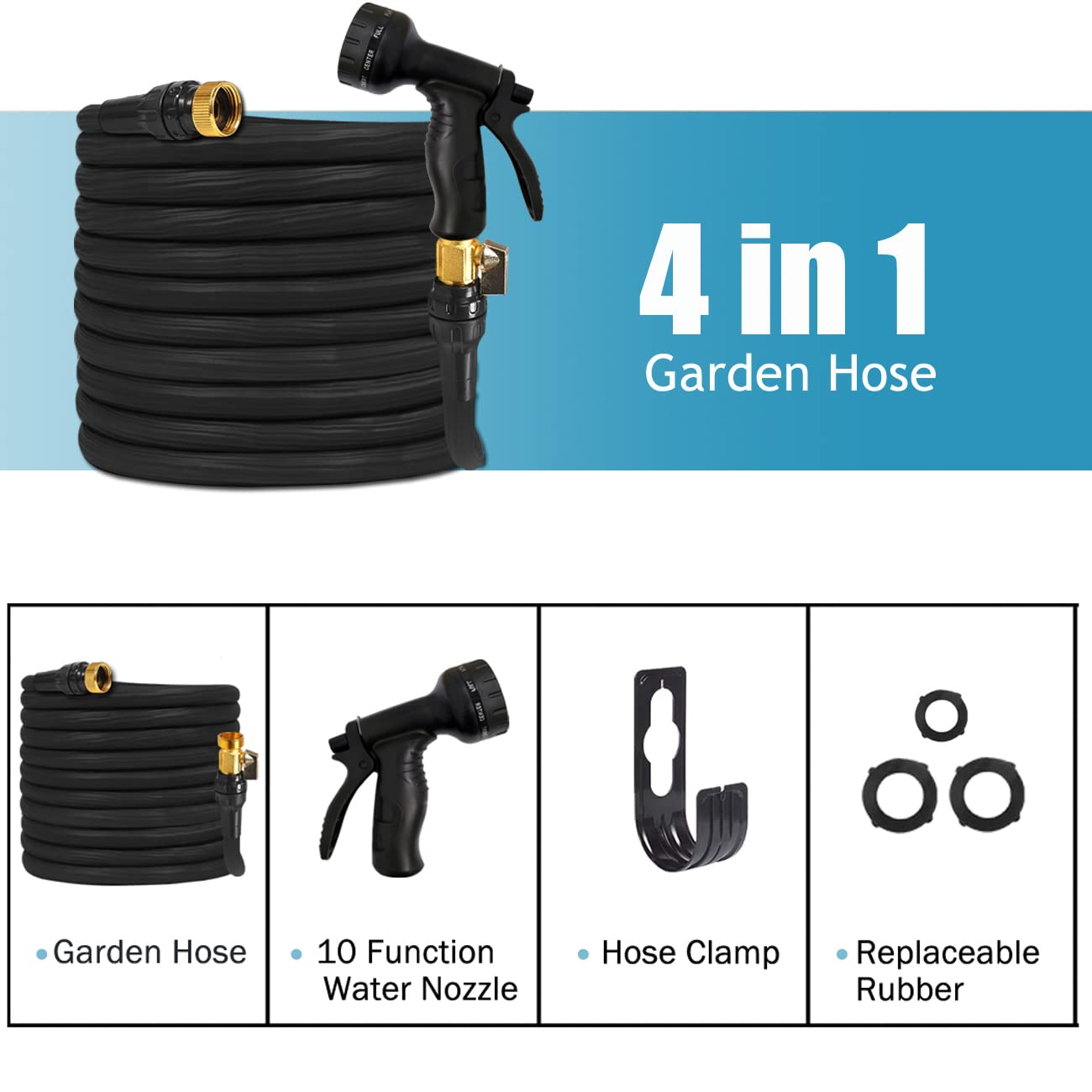 Expandable Garden Hose 100 ft Water Hose, Retractable Garden Hose with 10 Function High-Pressure Nozzle, No Kink Flexible Hose with 3/4" Solid Brass Connectors, Water Pipe for Washing and Watering