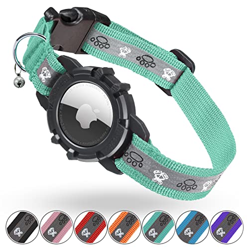 Reflective AirTag Cat Collar, FEEYAR Integrated GPS Cat Collar with Apple Air Tag Holder and Bell, Safety Elastic Band Tracker Cat Collars for Girl Boy Cats, Kittens and Puppies [Green] 7-9 Inch