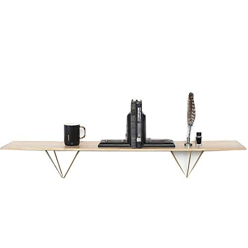 PIBM Stylish Simplicity Shelf Wall Mounted Floating Rack Shelves Iron Art Metal Solid Wood Storage Display Stand Triangle Bracket Living Room Restaurant,4 Sizes, Gold , C119x20.5x20cm