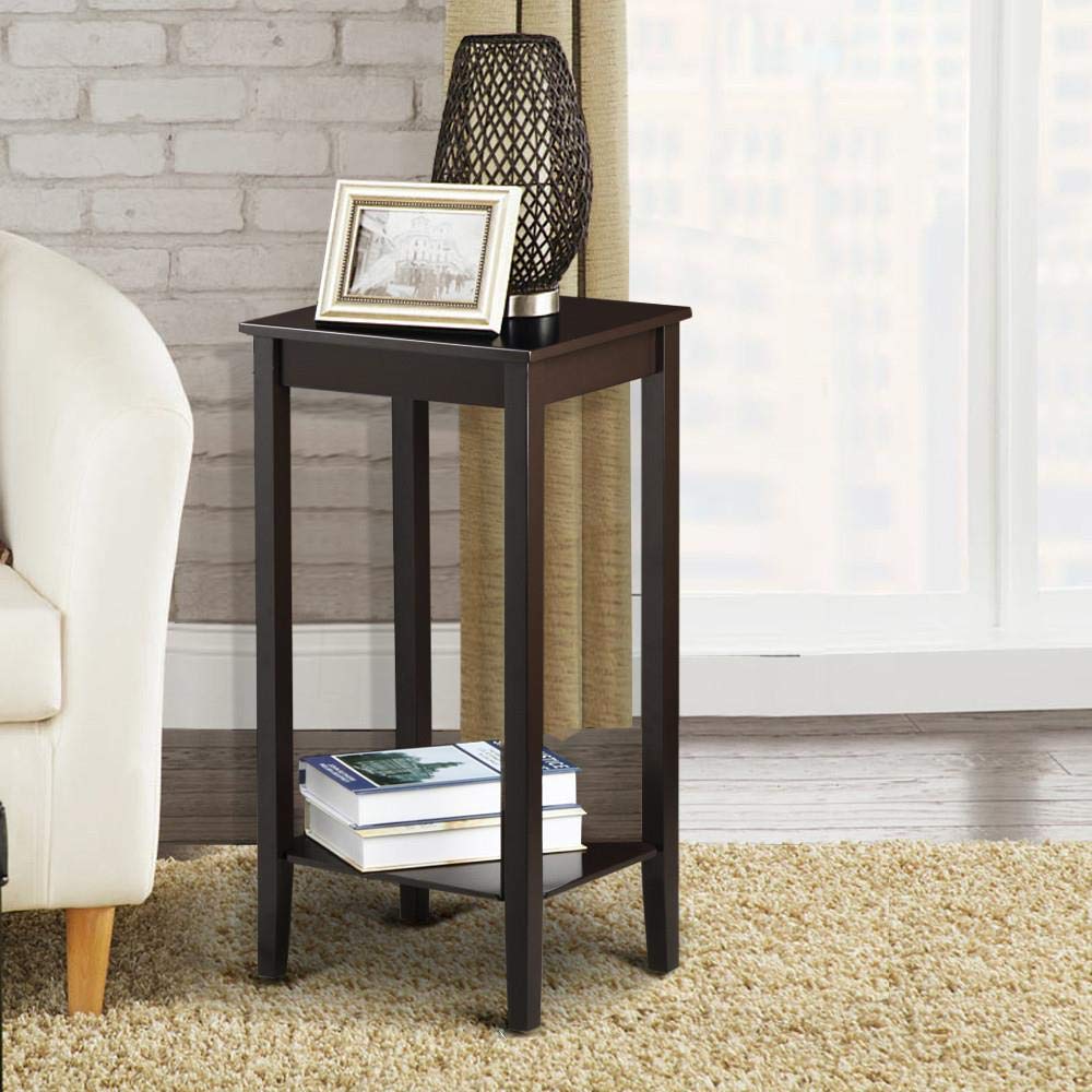 Topeakmart 2-Tier Tall End Table with Storage Shelf and Solid Wood Legs, Sofa Side Table Telephone Table for Living Room/Couch/Hallway/Small Spaces, D12xW15xH29 Inches, Dark Coffee