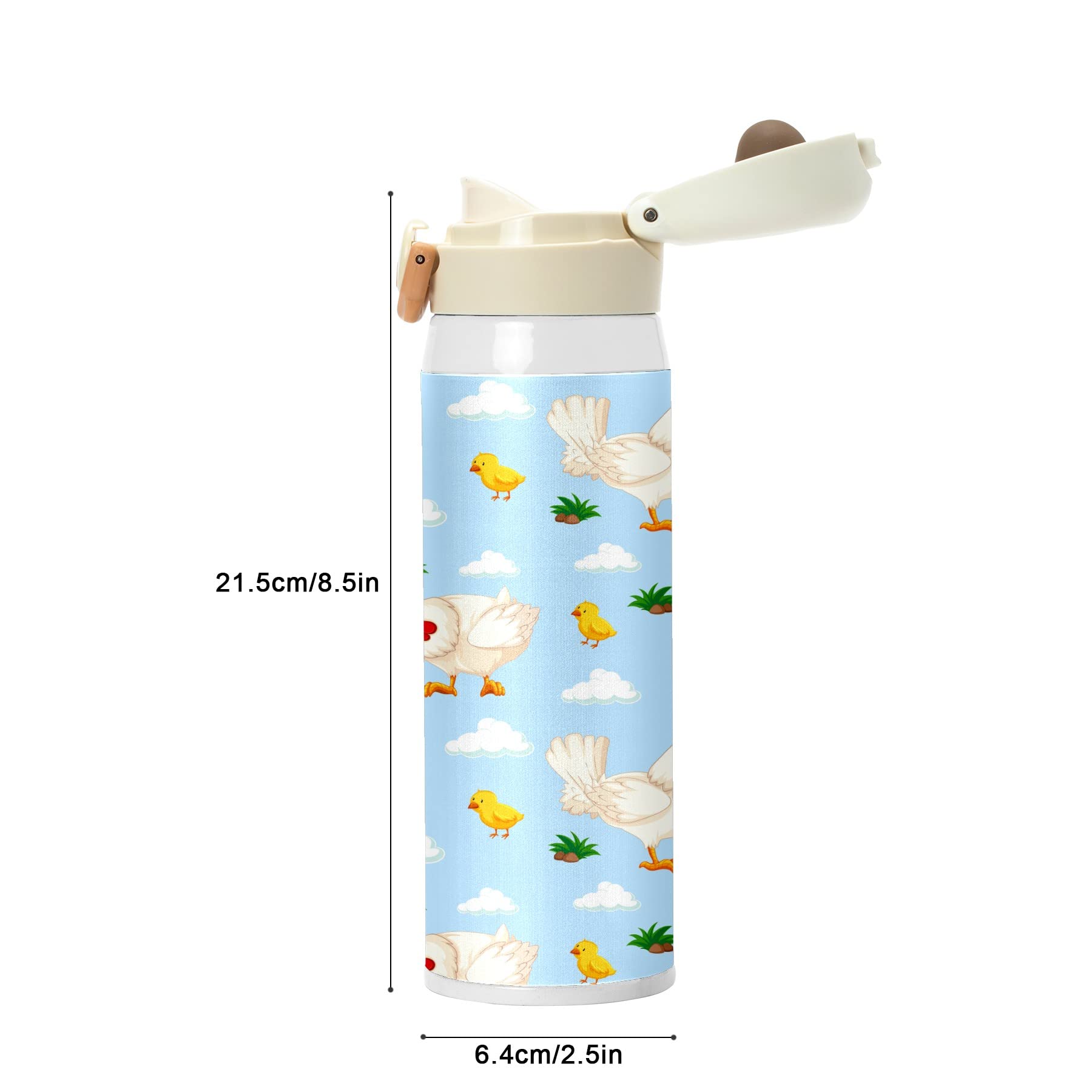 Kids Water Bottle White Chicken Blue Sky Stainless Steel Travel Mug for School Lunch Vacuum Insulated Cups Flask with Locking Push-Button Lid (17 oz)