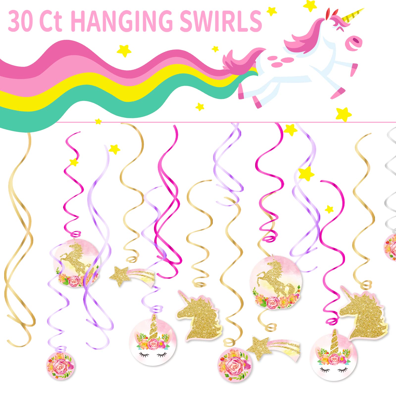 Ultimate Unicorn Birthday Decorations for Girls with Backdrop and Hanging Swirls, Plates and Napkins Party Supplies Serves 16
