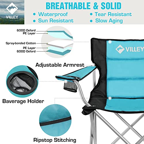VILLEY Camping Chairs, Padded Folding Chair, Outdoor Portable High Camp Chair, Foldable Outside Arm Chair with Cup Holder & Carry Bag, Blue