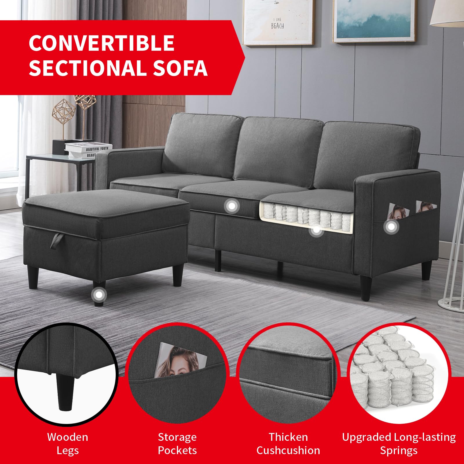 PUREMIND 89 Inches Sectional Sofa, Linen L-Shaped Couches with Reversible Storage Ottoman, Wooden Legs, 3-Seat Modern Convertible Sectional Couches for Living Room (Dark Grey)
