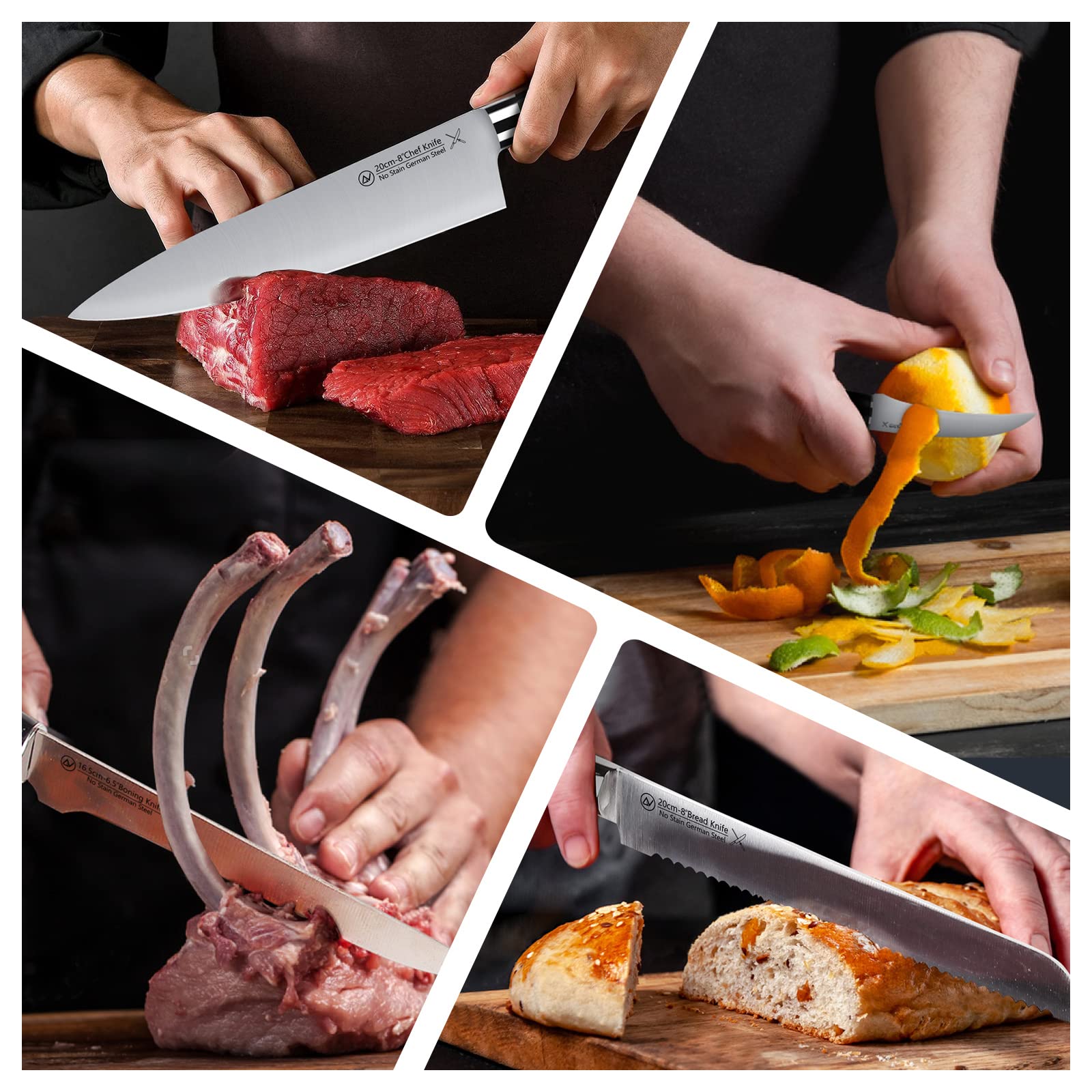 Knife Set, 18 Pcs Kitchen Knives Set with Block, Sharp German Stainless Steel Knife Block Set, Professional Chef Knives Set for Kitchen with Serrated Steak Knives Set, Sharpener & Finger Guard, Black
