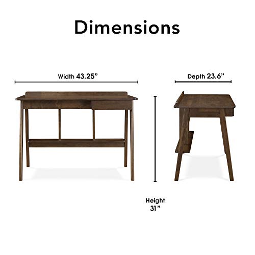 Finch Darren Home Office Drawer Mid Century Accent Desk, 43 Inch Wide Simple Modern Study Table, Walnut Brown
