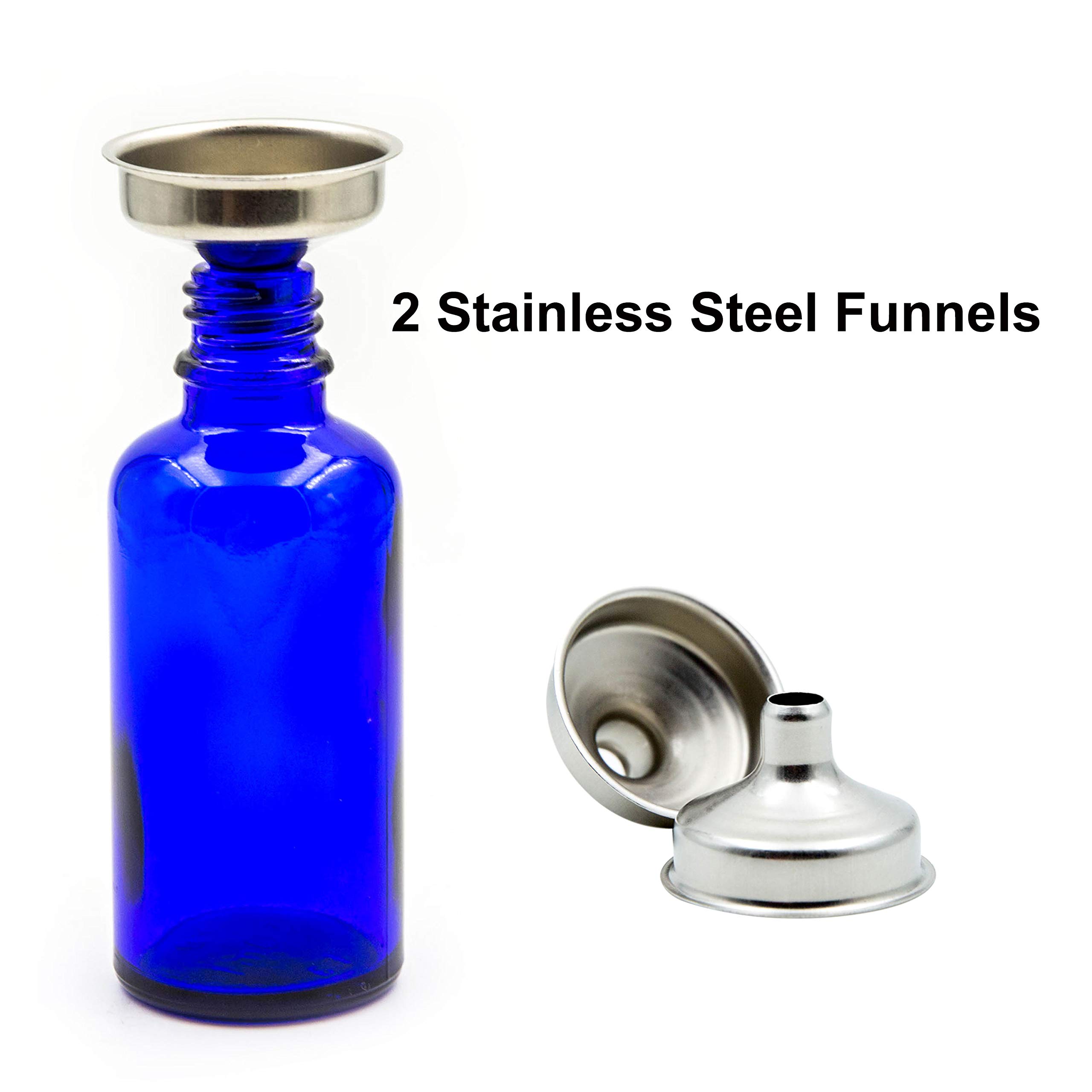Youngever 12 Pack 2 Ounce Blue Glass Dropper Bottles for Essential Oil, 2 Stainless Steel Mini Funnels