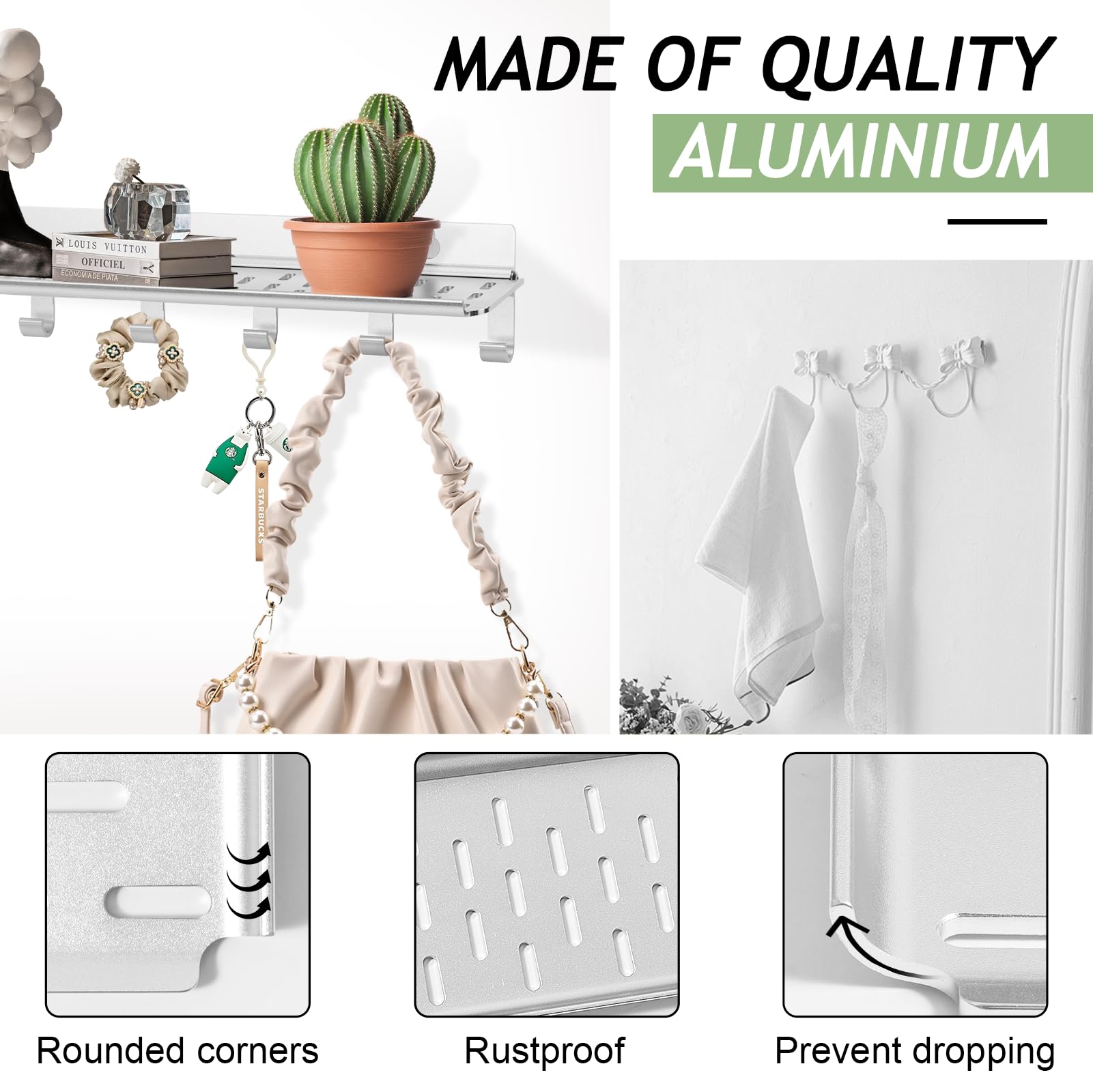 Wall Hooks with Shelf, Small Rustic Wood Key Rack with 6 Hooks, Metal Coat Rack with Shelf Wall-Mounted, Entryway Hanging Shelf, Organizer for Living Room Bedroom Bathroom Office Home Decor(Silvery)
