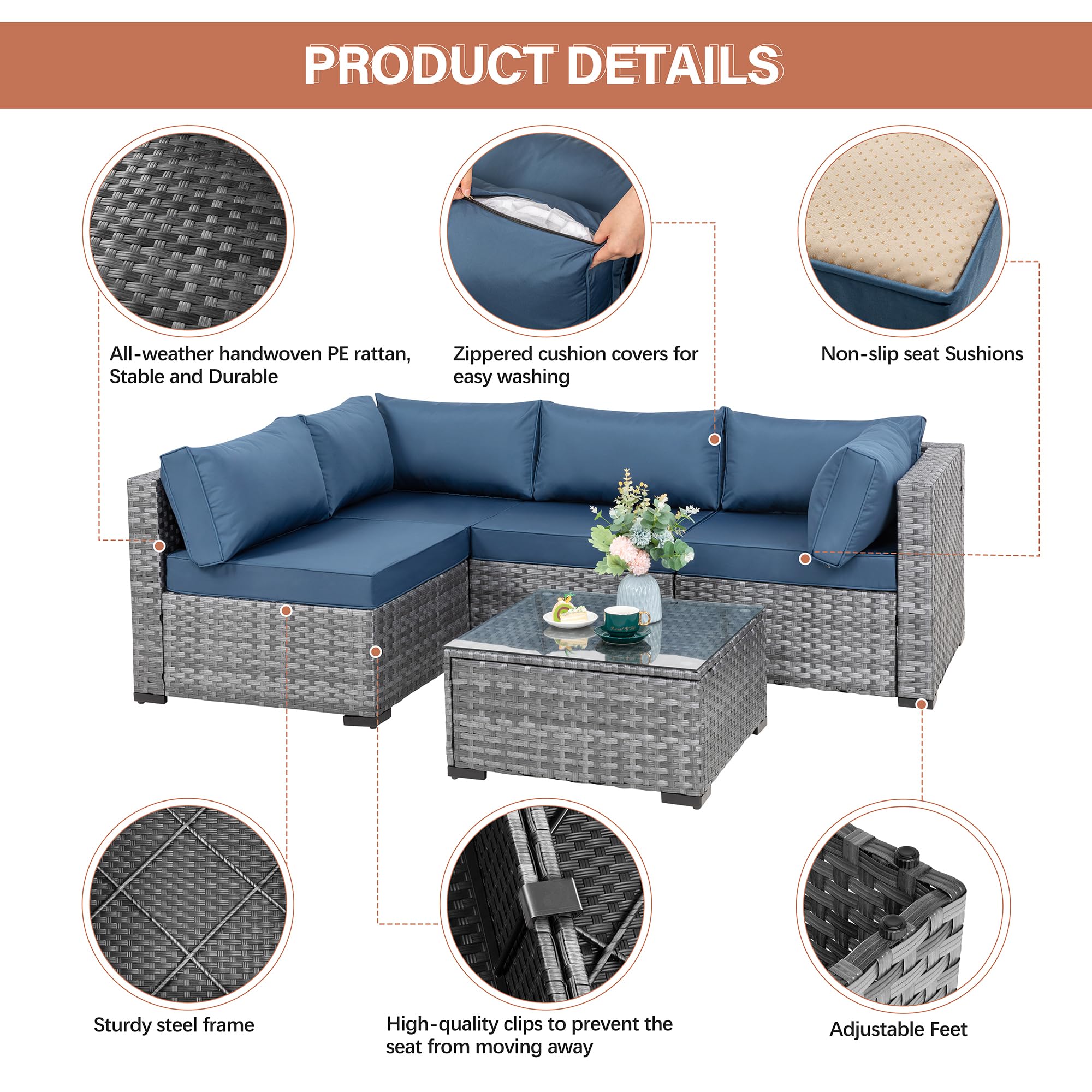 Walsunny Patio Furniture Set, 5 Pieces Outdoor Sectional Sofa Wicker Conversation Sets with Tea Table and Patio Couch Cushions(Aegean Blue)