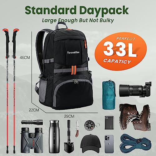 Yeendibo 33L Waterproof Hiking Backpack with Portable-Rest Station for Camping/Travel/Outdoors, Versatile & Lightweight Foldable Daypack for Men/Women (Black, Waterproof)