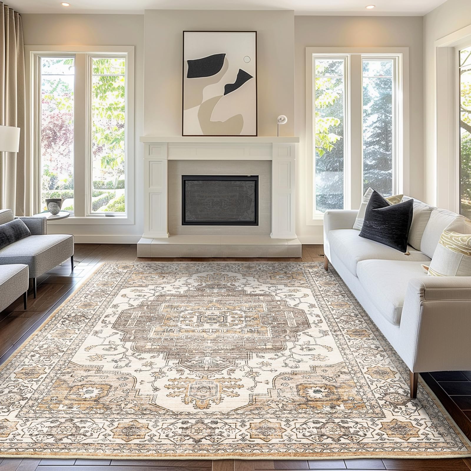 Miukiki 8x10 Area Rugs Washable Rug: Large Vintage Living Room Rug Soft Anti-Skid Thin Carpet Indoor Floor Non-Shedding Carpets for Bedroom (8'x10', Yellow/Brown)