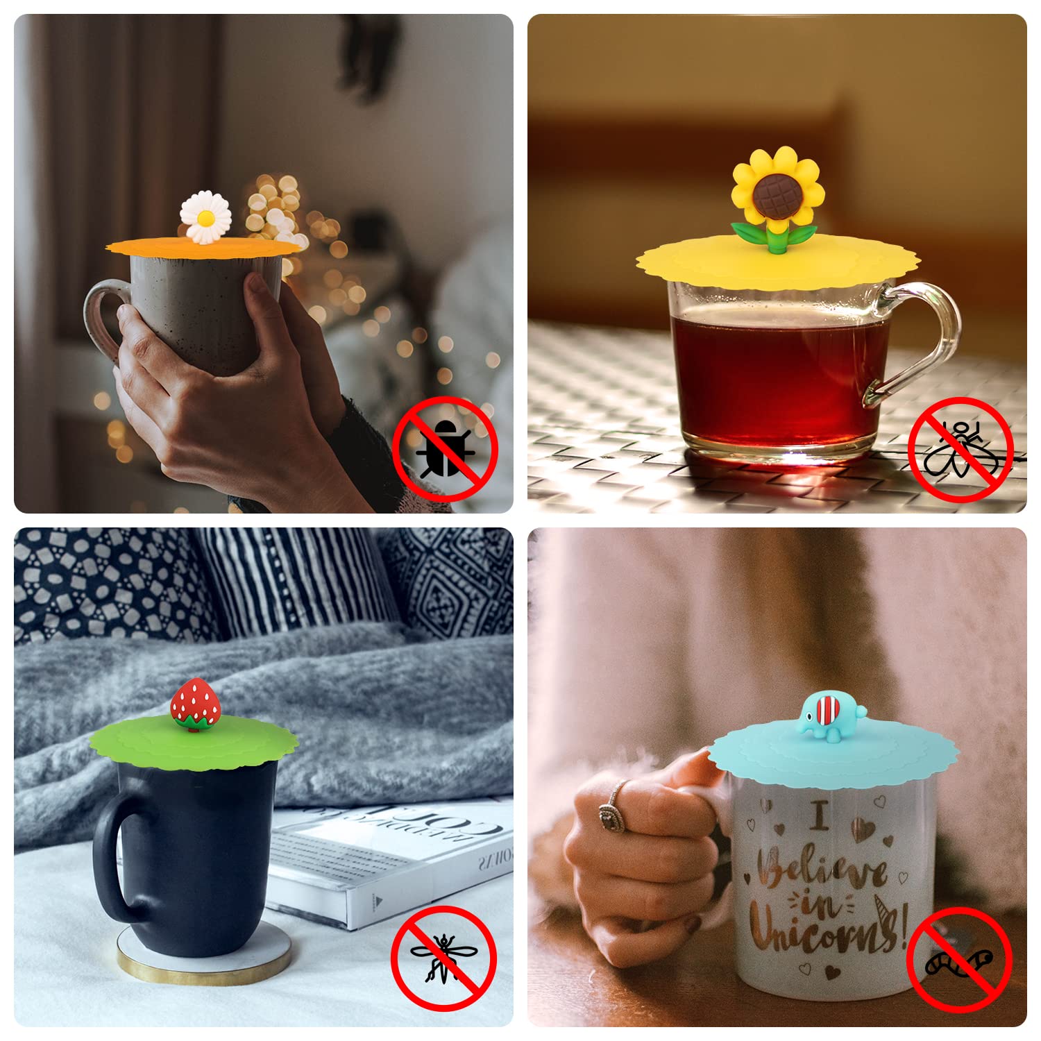 KINBOM 8pcs Silicone Cup Lids Mug Cover, Colorful Anti-Dust Silicone Mug Cover Cute Reusable Silicone Lids for Cups Mugs Beer Glasses Outdoors & Indoors (8 Styles)