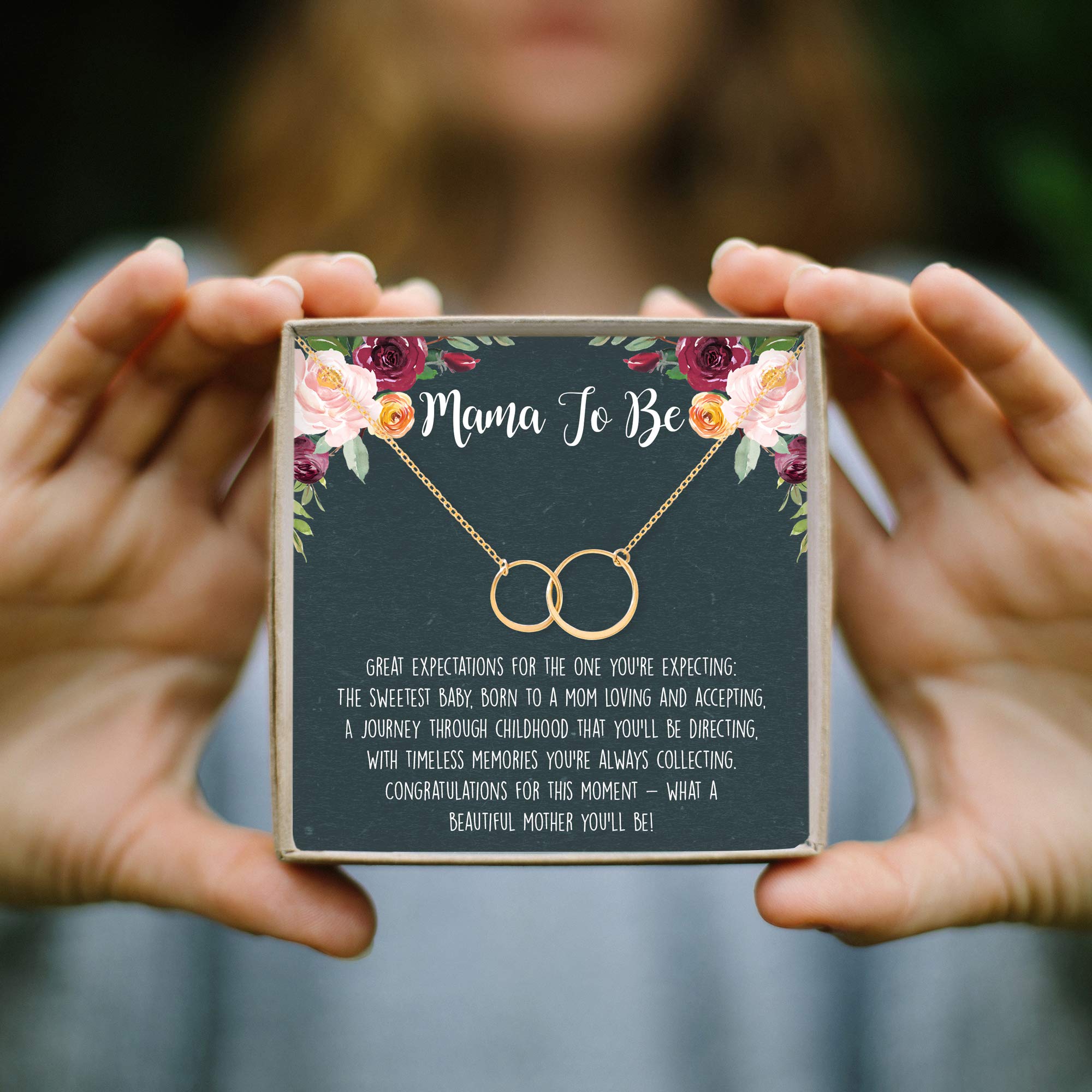 Expecting Mom Gift Necklace - Heartfelt Card & Jewelry Gift for Baby Showers, etc (Infinity Circles - Gold)