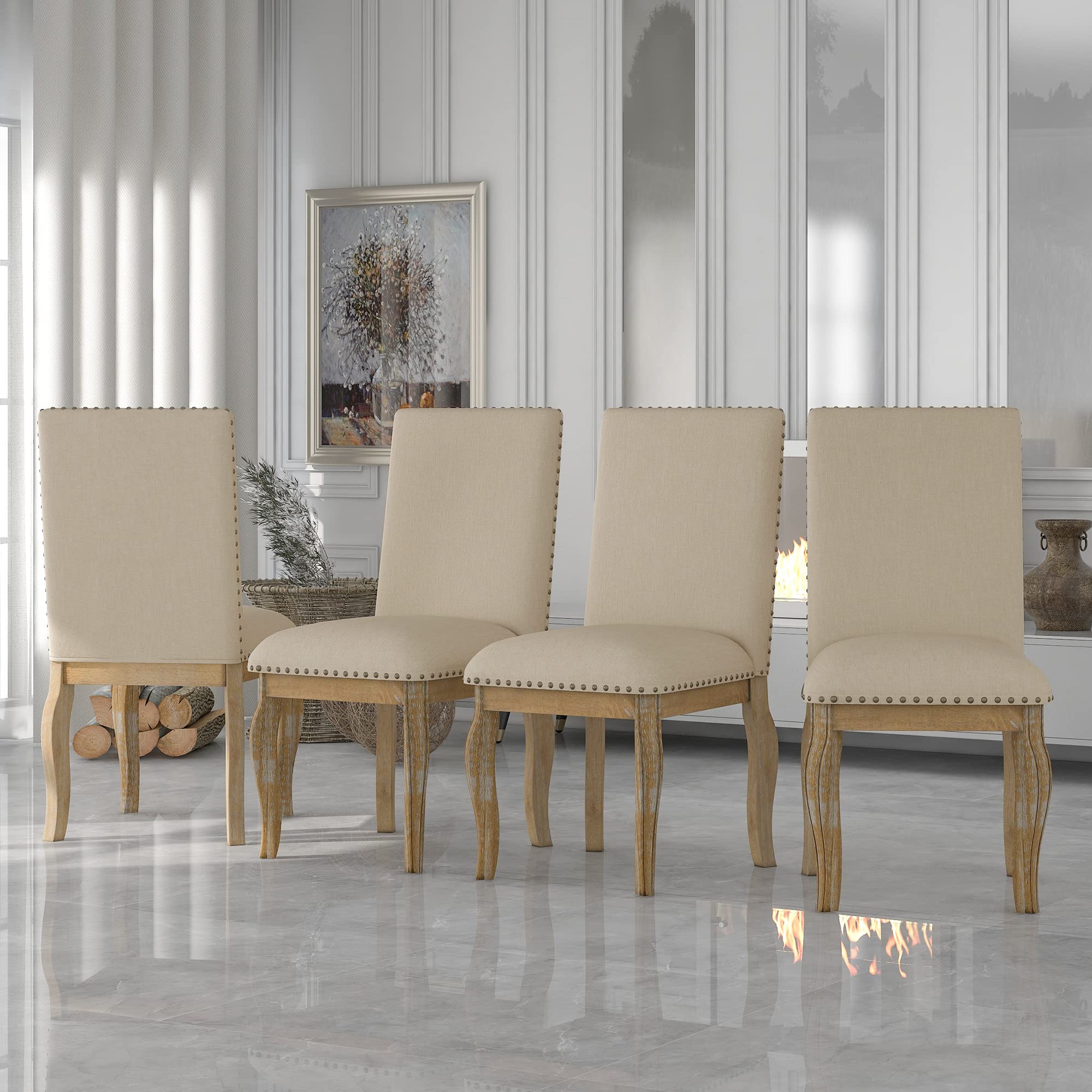 FIQHOME Upholstered Fabirc, Dining Room Chairs with Nailhead (Natural Wood Wash, Set of 4)