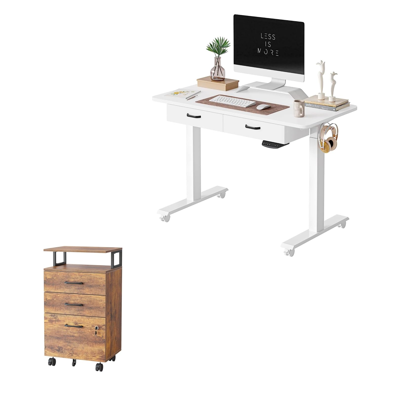 FEZIBO Height Adjustable Desk with 2 Drawers Storage and 3-Drawer Rolling Filing Cabinet