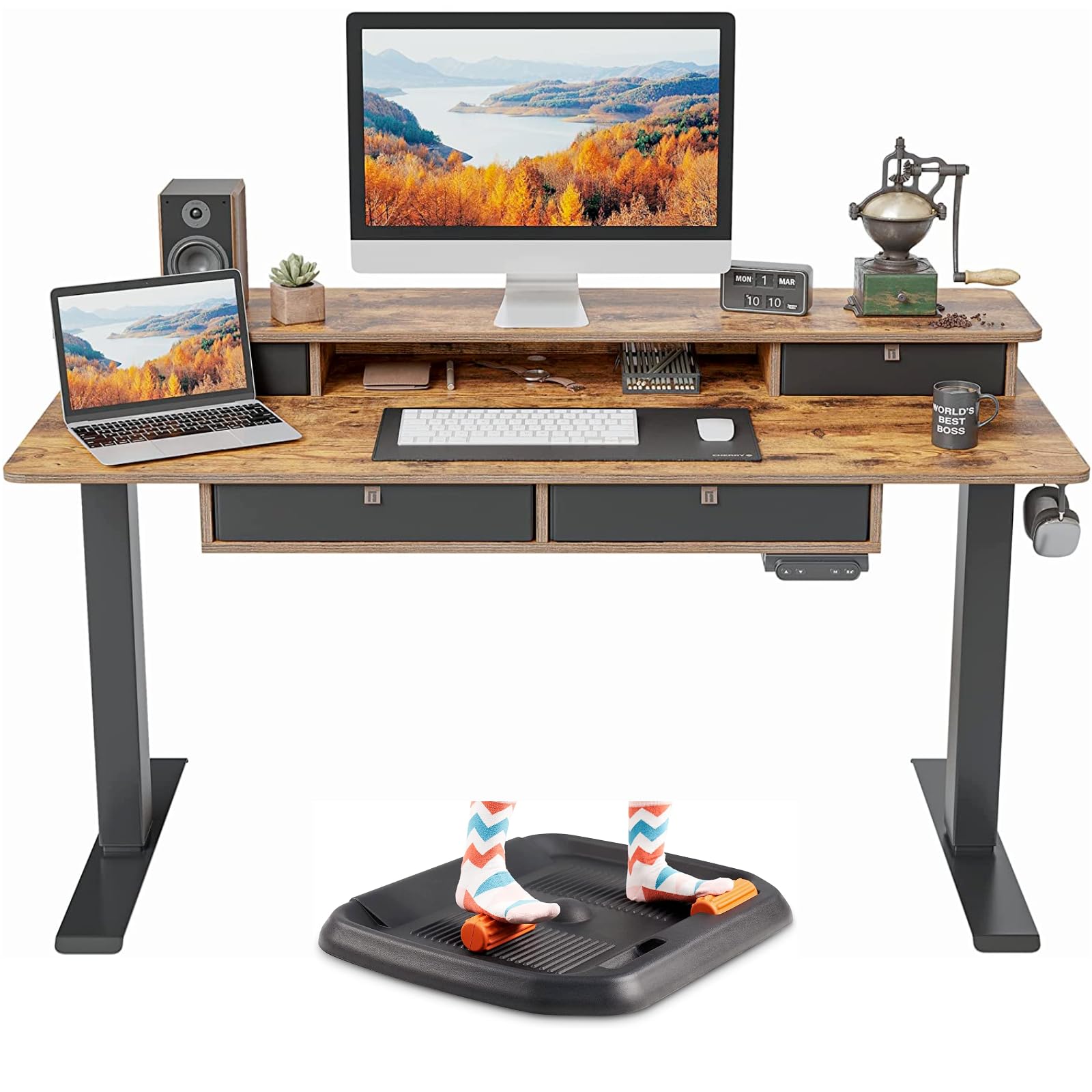 FEZIBO Height Adjustable Desk with 4 Drawers Storage and Anti Fatigue Mat