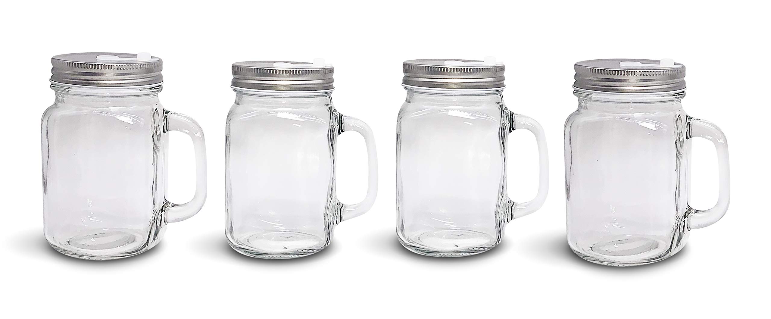 Home Suave Mason Jar Mugs with Handle Sets, Regular Mouth, Colorful Lids with Reusable Stainless Steel Straw, Kitchen GLASS 16 oz Jars & Dishwasher Safe (4, Silver)