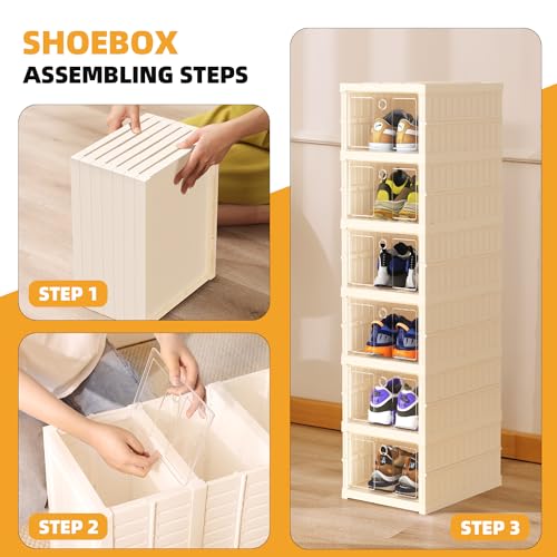 Foldable Shoe Storage Box, 6 Tier Plastic Shoe Storage Cabinet Organizer with Clear Door for Entryway, Shoe Sneaker Storage Containers Fit up to US Size 12, All-in-One