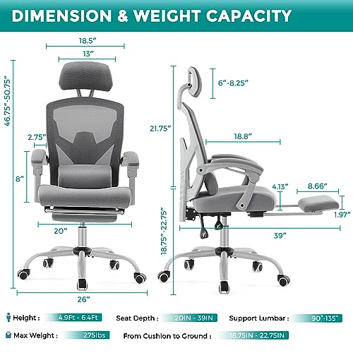 OLIXIS Gaming Ergonomic Foot Rest Reclining, High Back Mesh Home Office Computer Desk Chair with Wheels, Adjustable Headrest, Grey
