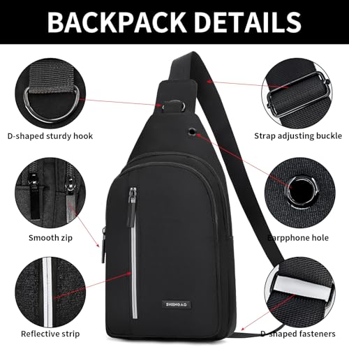 Gurislife Sling Bag for Men,Small Backpack Crossbody Bags,small Shoulder Bag With Reflective Strip Shoulder for Work Hiking and Daytrips,Black-903
