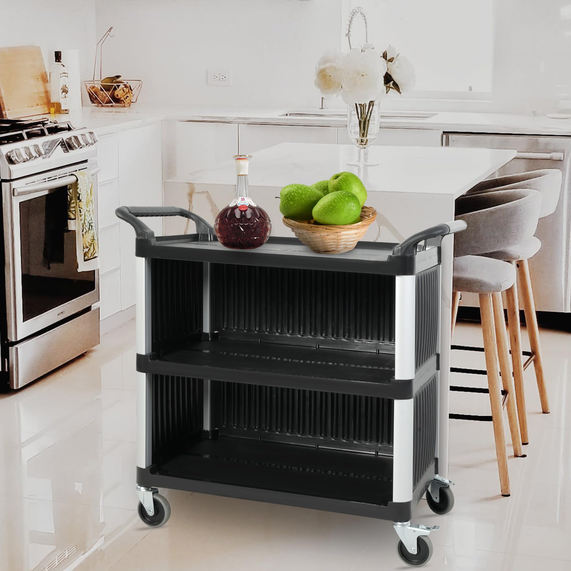Rolling Utility Cart with Storage Cabinet and Lockable Wheels - Heavy Duty 3-Tier Service Carts for Kitchen, Office, Garage, and Restaurant – Black