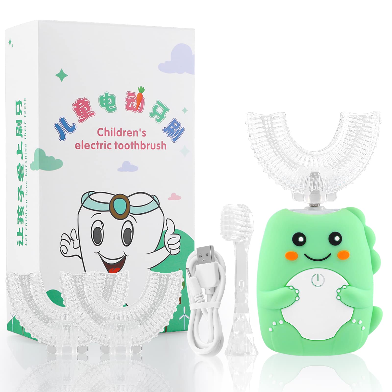 Kids Electric Toothbrushes, U Shaped Ultrasonic Toothbrush, Rechargeable Kids Toothbrush w/Smart Timer, 3 Brush Heads Replacement, 3 Clean Modes, IPX7 Water Resistant for Child 2-6