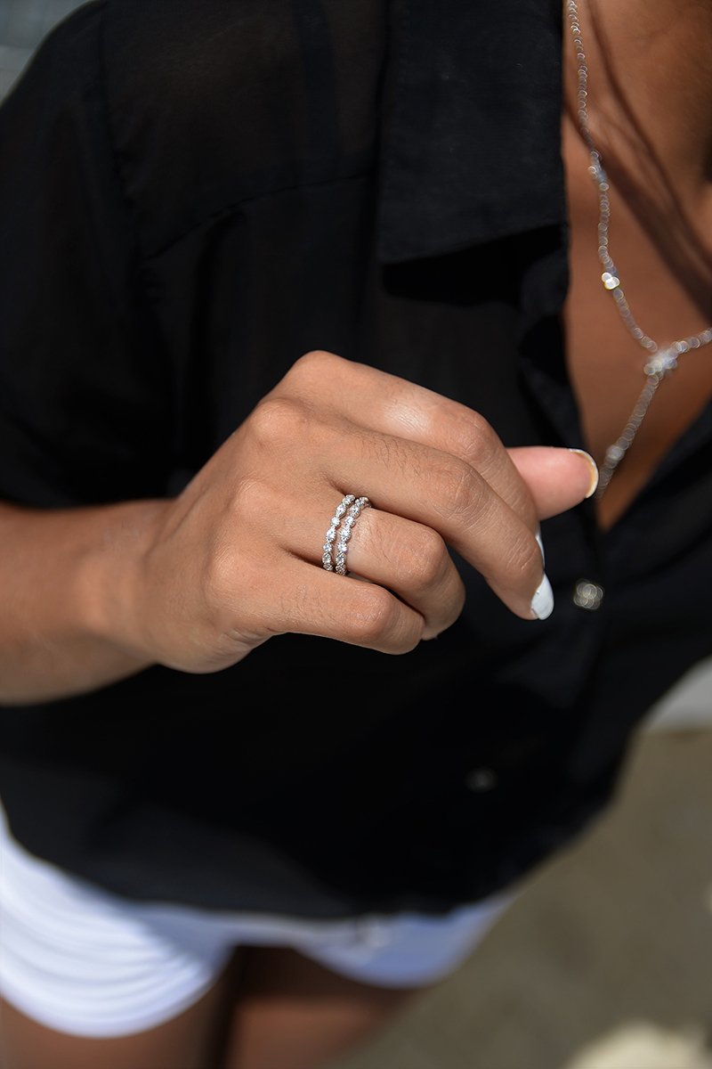 espere Milgrain Marquise & Round Cubic Zirconia Half Eternity Ring Stacking Infinity Wedding Band Sterling Silver Rings Rhodium Plated Size 7