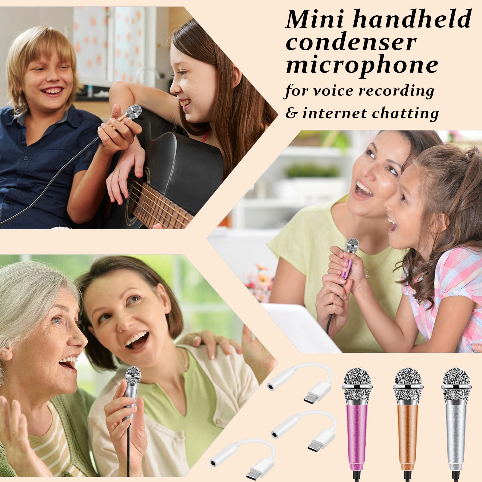 Flutesan 3 Pieces Mini Microphone Tiny Microphone Mini Portable Vocal Instrument Microphone and 3 Pieces USB Type C to 3.5 mm Female Adapter for Mobile Phone