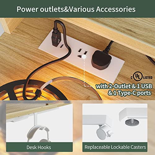 FEZIBO Triple Motor L Shaped Stadning Desk with LED Strip & Power Outrlets,63 inches Height Adjustable Stand up Corner Desk with Ergonomic Monitor Stand, White Frame/Natural Top