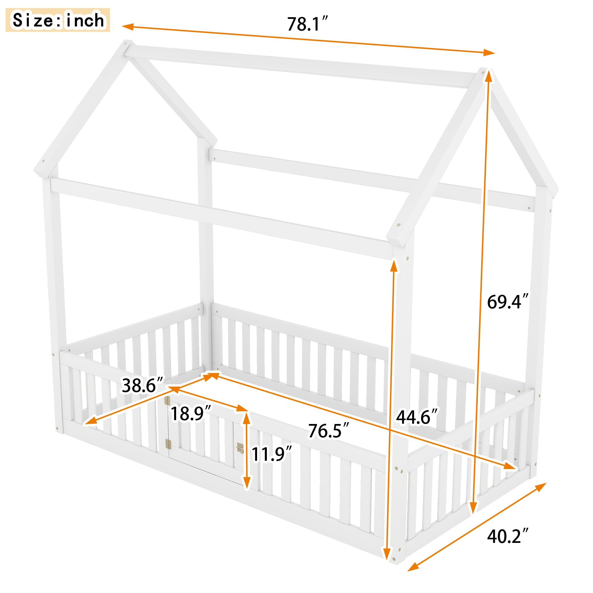 P PURLOVE Twin Size Floor House Bed Frame,Wood Montessori Floor Bed Frame with Fence for Boys,Girls,White