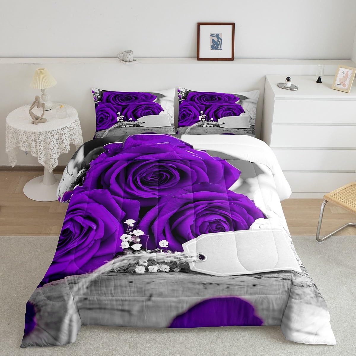 Romantic Rose Comforter Set Queen, Purple Rose Floral Bedding Set for Kids Teens Adult Romantic Bedroom Decor, Rustic Farmhouse Flowers Bedding Comforter Sets, Elegant Valentine Decor Down Comforter