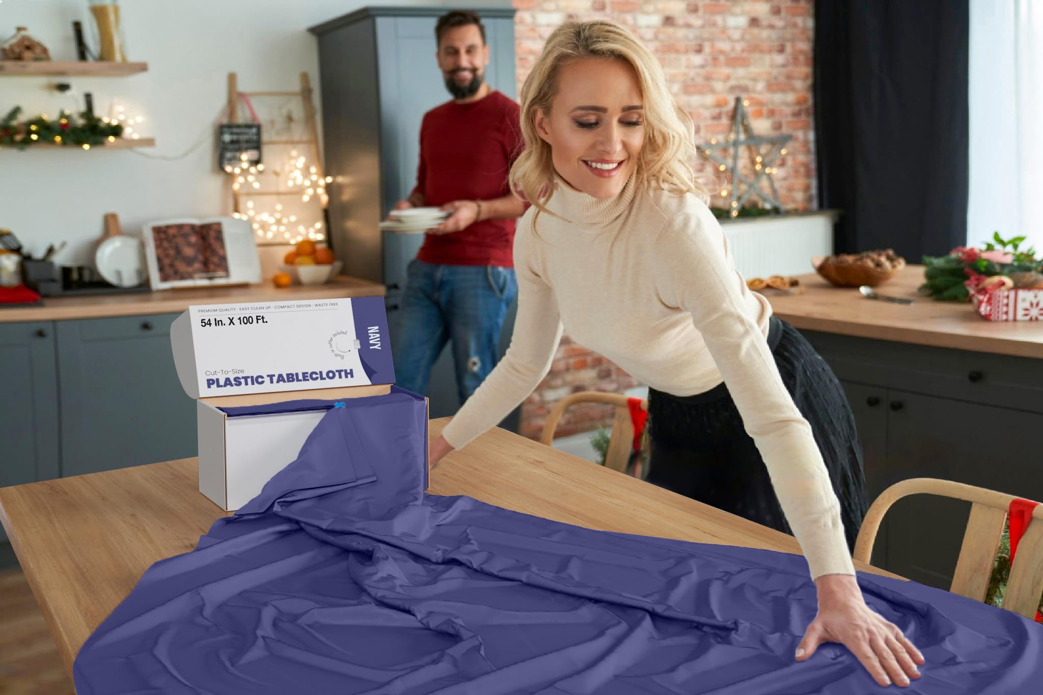 Exquisite 54 Inch X 100 Feet Navy Plastic Table Cover Roll in A Cut - to - Size Box with Convenient Slide Cutter. Cuts Up to 12 Rectangle 8 Feet Plastic Disposable Tablecloths